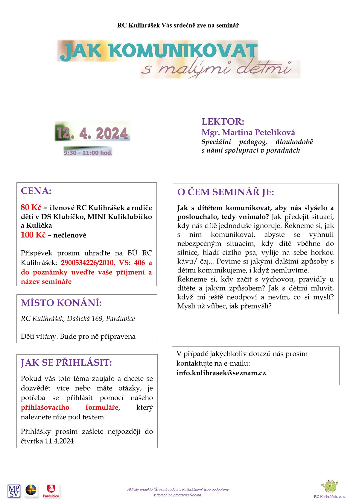 JAK KOMUNIKOVAT S MALÝMI DĚTMI – 12.4.2024 – RC Kulihrášek